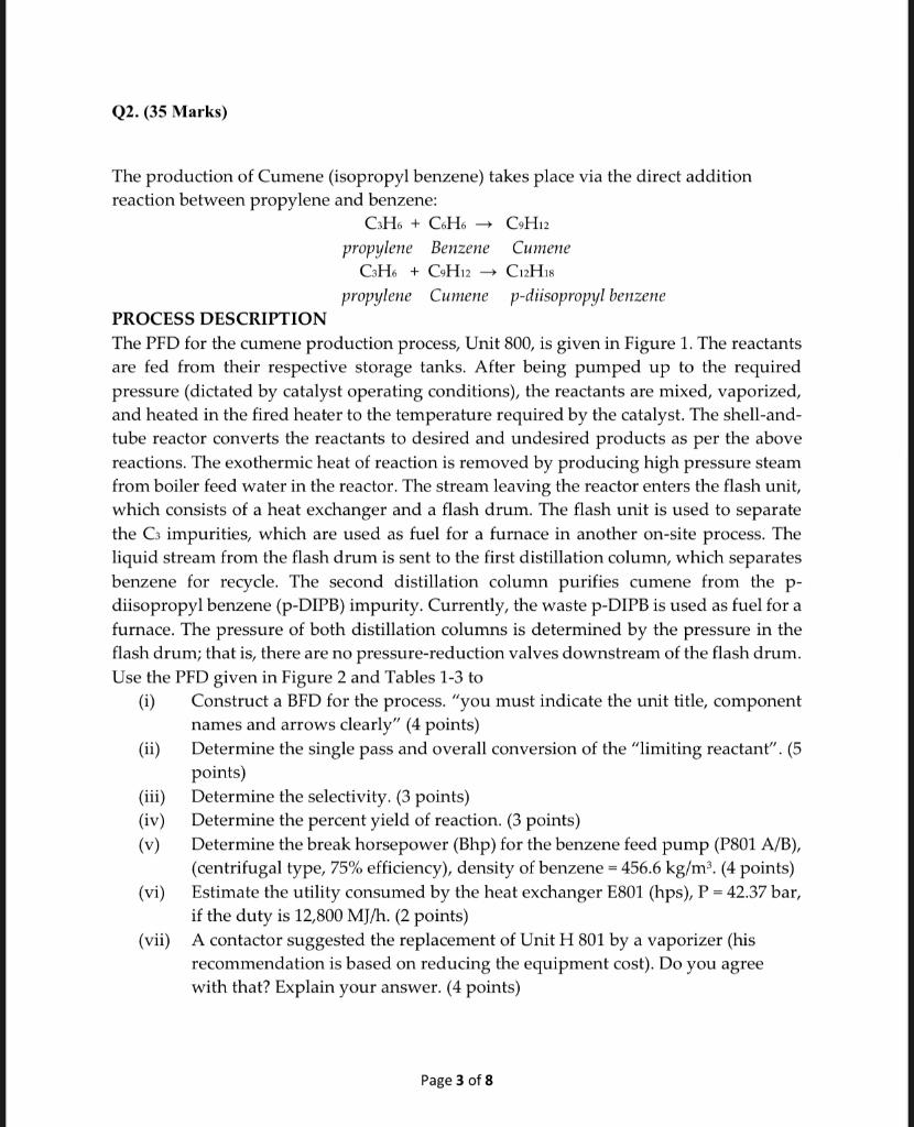 Q2. (35 Marks) The production of Cumene (isopropyl | Chegg.com