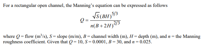 Solved For a rectangular open channel, the Manning's | Chegg.com