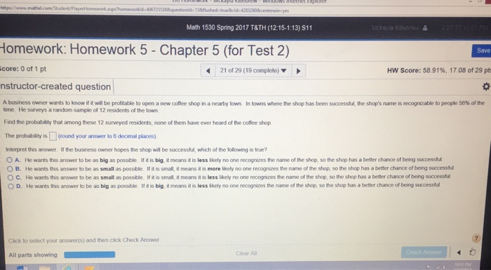Solved Math 1530 Spring 2017 T&TH (12:15-1:13) S11 Homework: | Chegg.com
