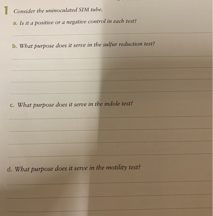 Solved 1 Consider the uninoculated SIM tube. a. Is it a | Chegg.com