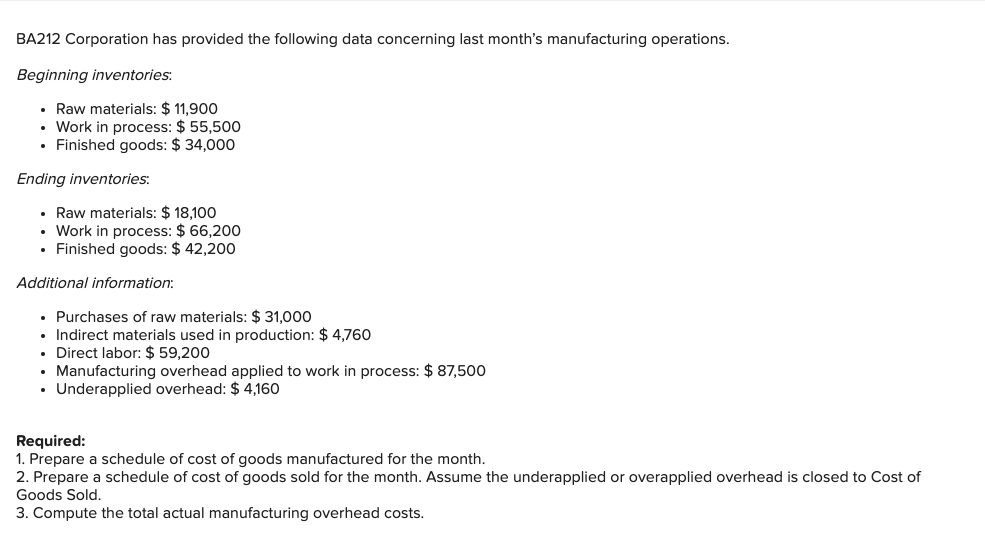 Solved BA212 Corporation has provided the following data | Chegg.com
