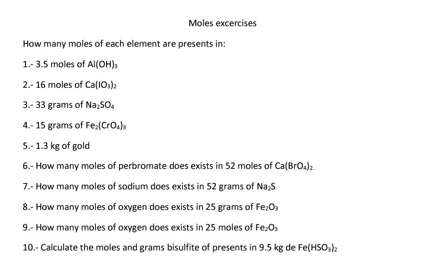 Solved Moles excercises How many moles of each element are | Chegg.com