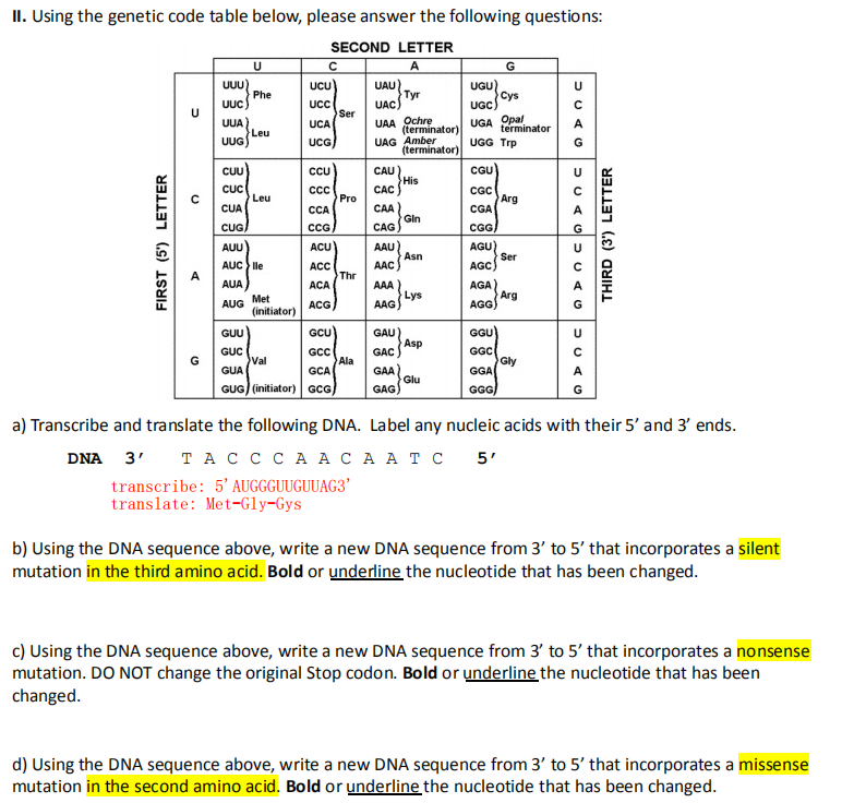 Solved II. Using the genetic code table below, please answer | Chegg.com