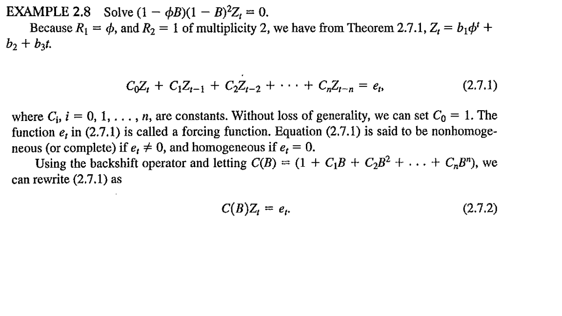 Solved EXAMPLE 2.8 Solve (1−ϕB)(1−B)2Zt=0 Because R1=ϕ, and | Chegg.com