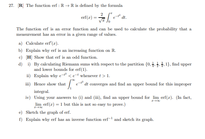 Solved 27. R The function erf : R+R is defined by the | Chegg.com