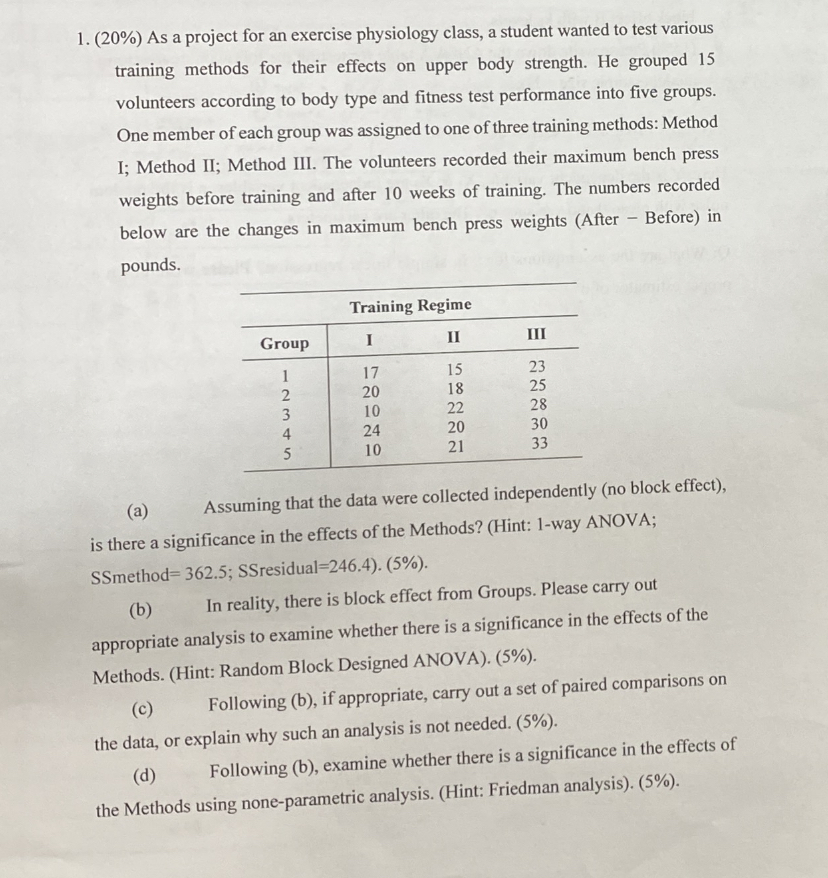 Solved 1. (20%) As a project for an exercise physiology | Chegg.com
