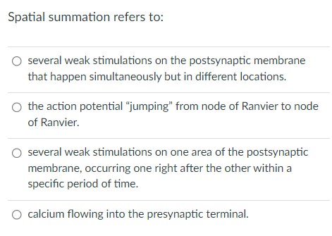 Solved Spatial summation refers to: several weak | Chegg.com