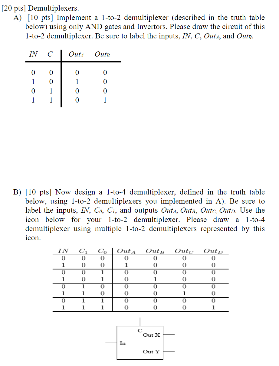 Solved [20 pts] Demultiplexers. A) [10 pts] Implement a | Chegg.com