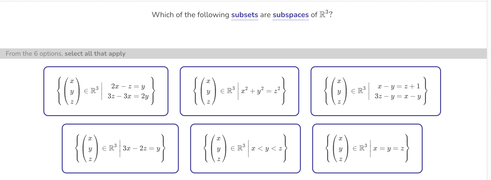 Solved Which of the following subsets are subspaces of R3 ? | Chegg.com