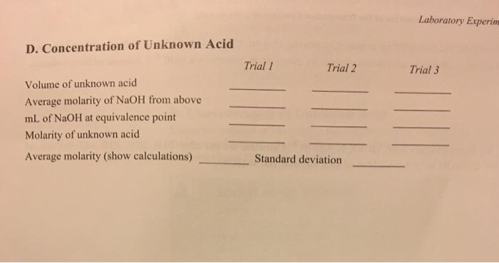 Solved Laboratory Experin D. Concentration of Unknown Acid | Chegg.com