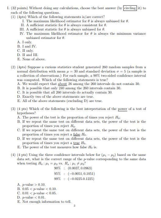 Solved I. (32 points) Without doing any calculations, choose | Chegg.com