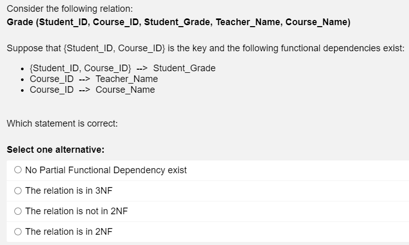 Solved Consider the following relation: Grade (Student_ID, | Chegg.com