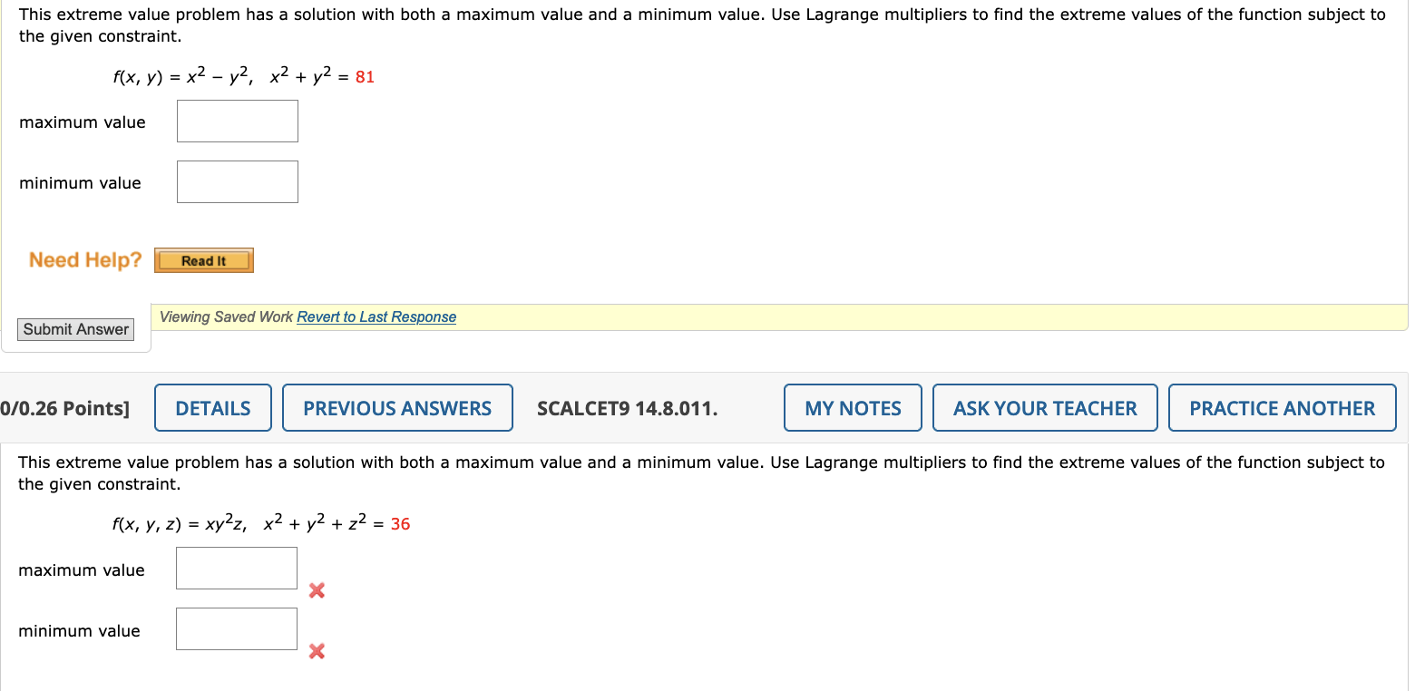 Solved This extreme value problem has a solution with both a | Chegg.com