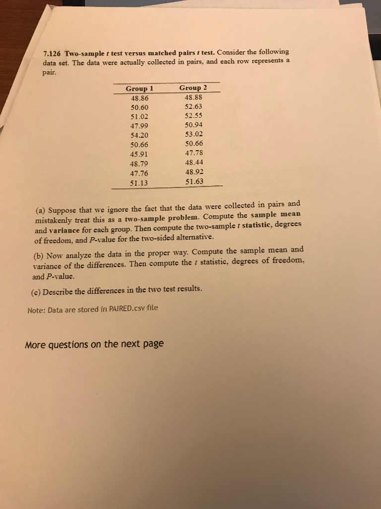 Solved 7.126 Two-sample t test versus matched pairs t test. | Chegg.com