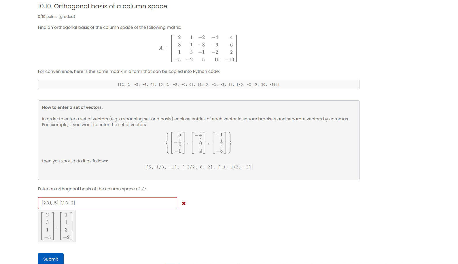 Solved 10.10. Orthogonal basis of a column space 0/10 points | Chegg.com