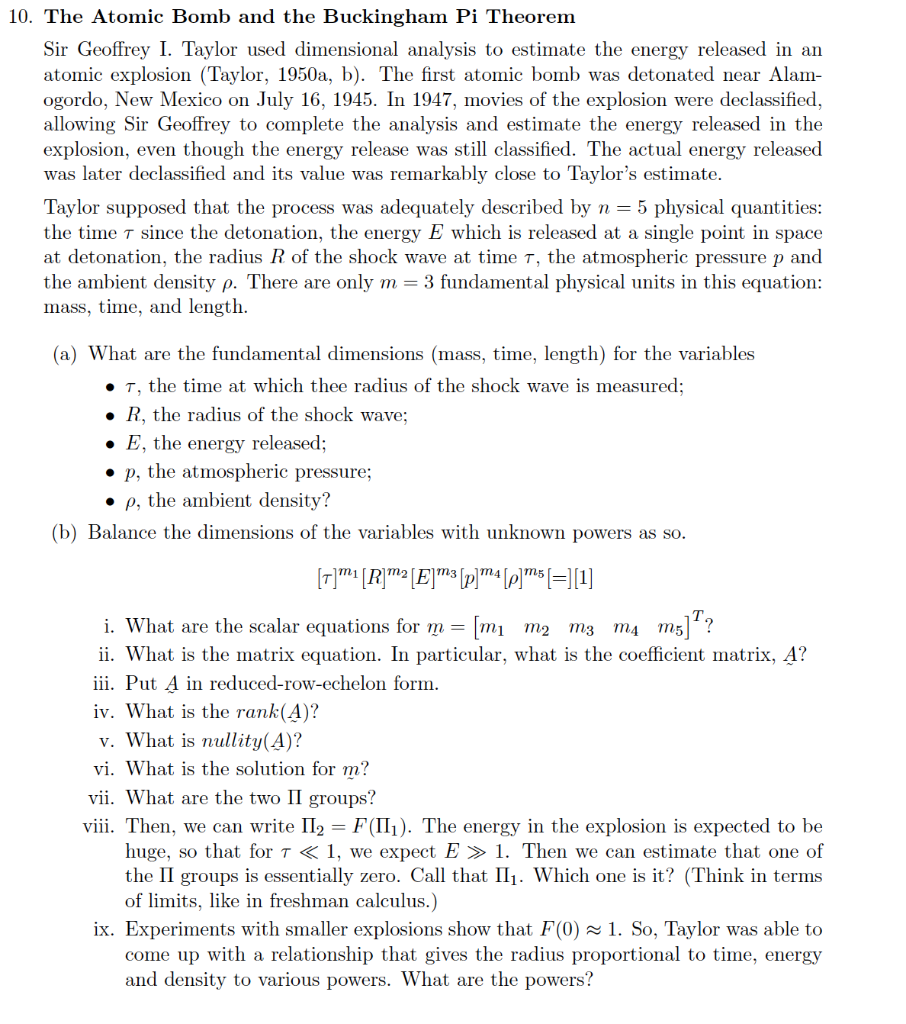 Solved 10. The Atomic Bomb and the Buckingham Pi Theorem Sir | Chegg.com
