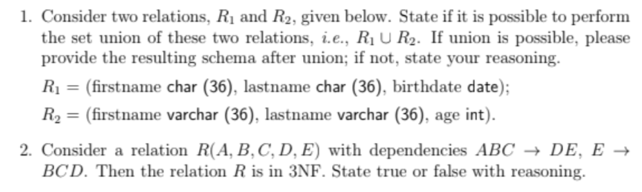 Solved 1. Consider two relations, Ri and R2, given below. | Chegg.com