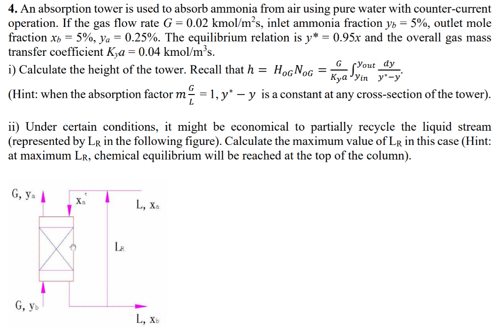 Solved 4 An Absorption Tower Is Used To Absorb Ammonia From Chegg