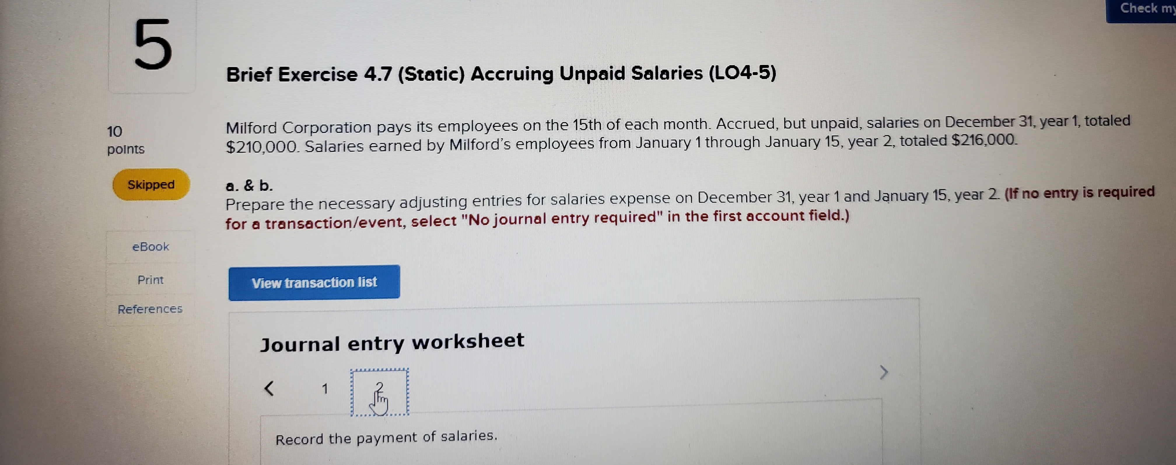 Solved Brief Exercise 4.7 (Static) Accruing Unpaid Salaries | Chegg.com