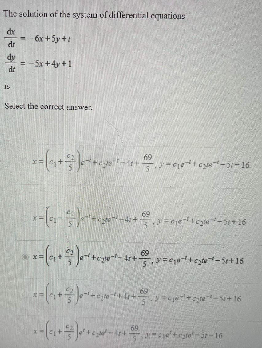 Solved The solution of the system of differential equations | Chegg.com