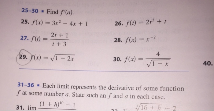 Solved 25-30 Find f'(a). 25,f(x) = 3x2-4x + 1 26. f(t) 2t3 + | Chegg.com