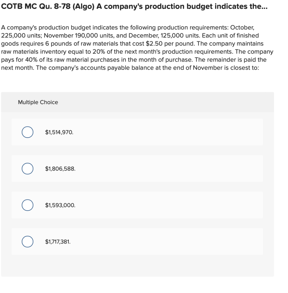 Solved COTB MC Qu. 8-78 (Algo) A company's production budget | Chegg.com
