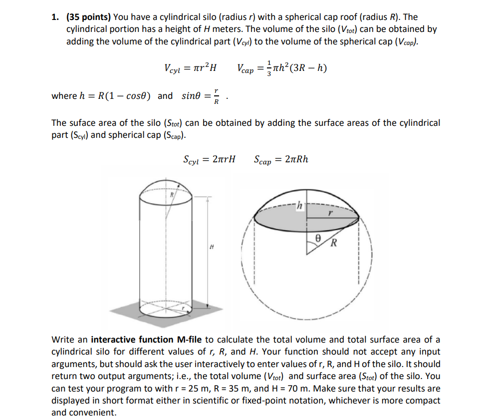 Solved (35 ﻿points) ﻿You have a cylindrical silo (radius r ) | Chegg.com