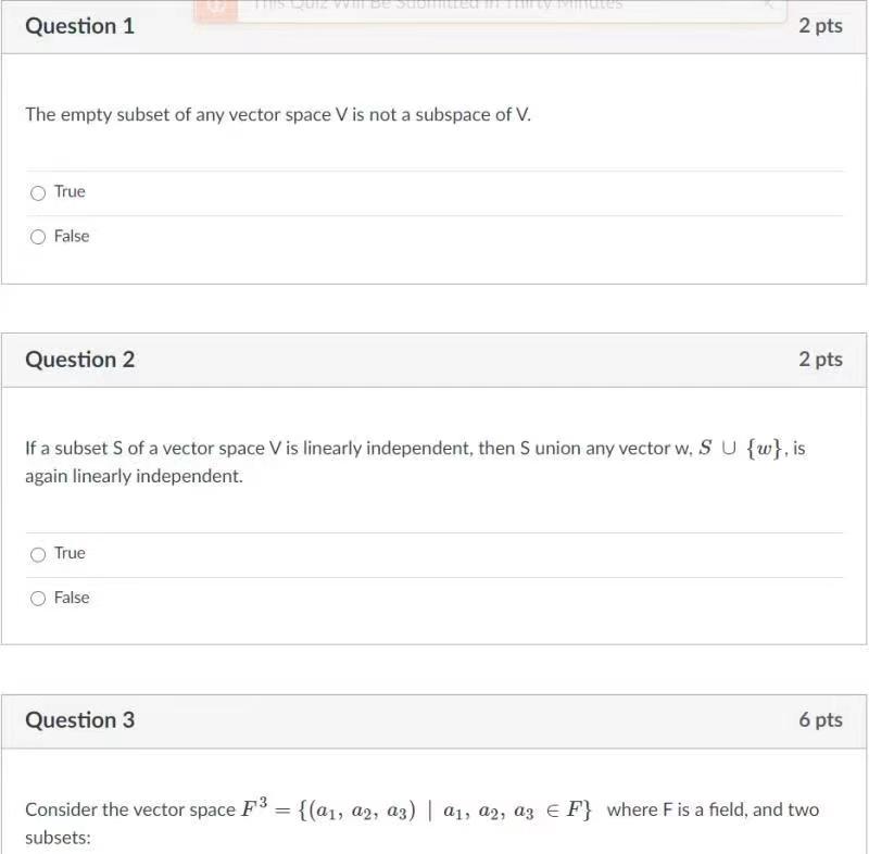 Solved Question 1 2 pts The empty subset of any vector space | Chegg.com