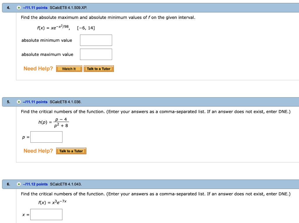 Solved 4. 11.11 points SCalcET8 4.1.509.XP Find the absolute | Chegg.com