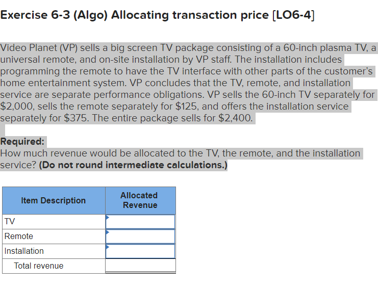 Solved Exercise 6-3 (Algo) Allocating transaction price | Chegg.com