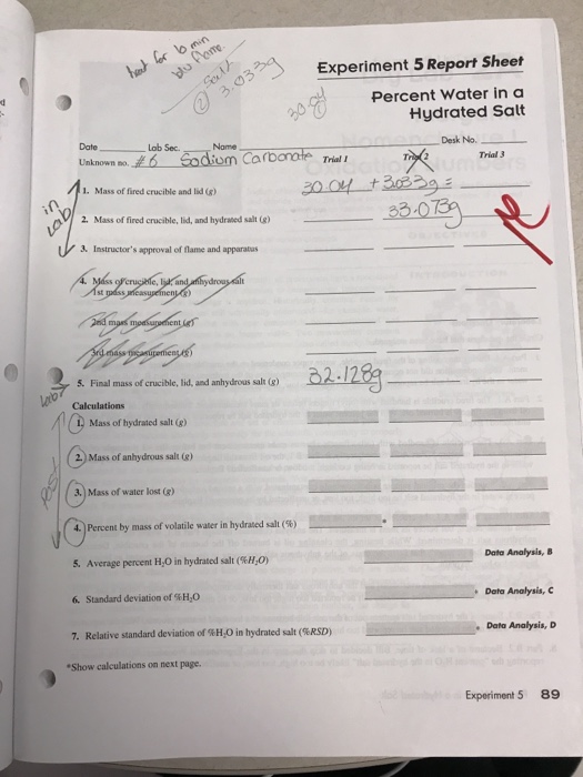 Solved Experiment 5 Prelaboratory Assignment Percent Water | Chegg.com