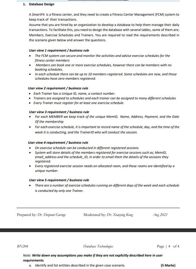 1. Database Design A SmartFit is a fitness center, | Chegg.com