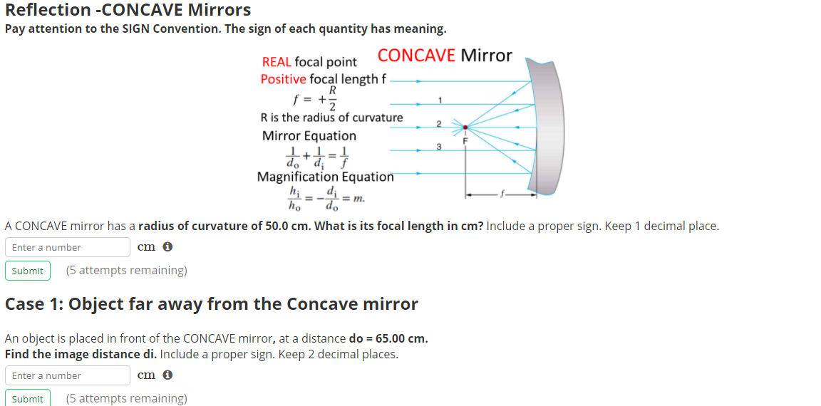 Solved Reflection -CONCAVE Mirrors Pay attention to the SIGN | Chegg.com
