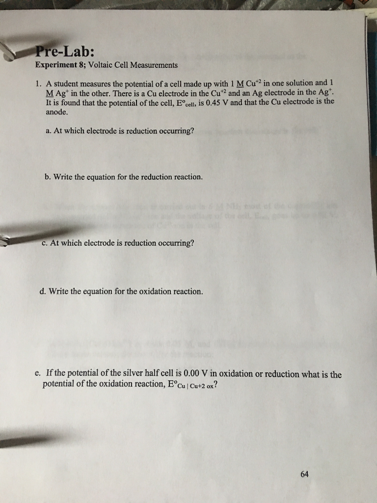 Solved Pre-Lab: Experiment 8; Voltaic Cell Measurements 1. A | Chegg.com