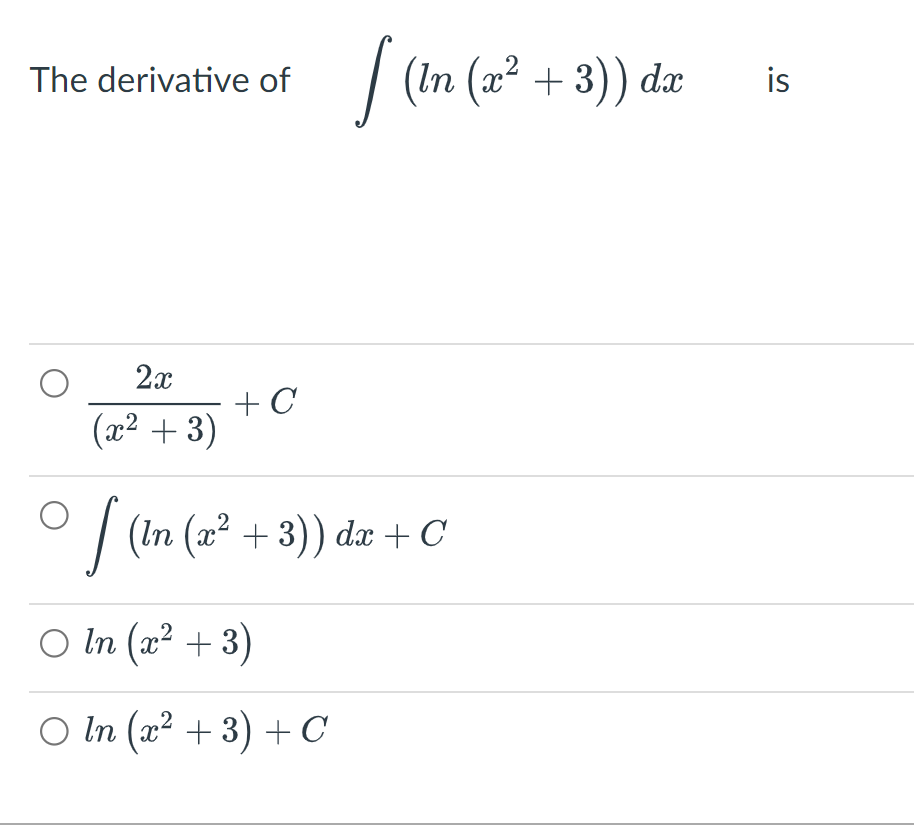 Solved The derivative of ∫(ln(x2+3))dx | Chegg.com