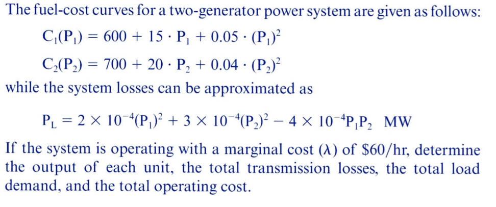 Solved The fuel-cost curves for a two-generator power system | Chegg.com