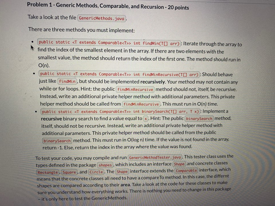 Solved Problem 1 - Generic Methods, Comparable, and | Chegg.com