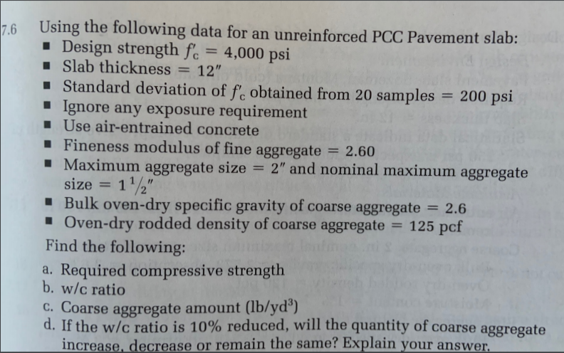Solved 7.6 Using the following data for an unreinforced PCC | Chegg.com