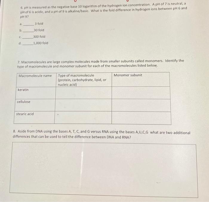 Solved 6. pH is measured as the negative base 10 logarithm | Chegg.com