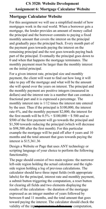 Solved CS 3520: Website Development Assignment 6: Mortgage | Chegg.com