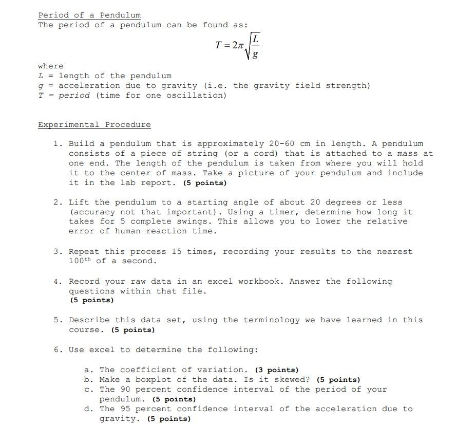 Period of a Pendulum The period of a pendulum can be | Chegg.com