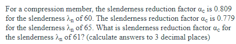 Solved For a compression member, the slenderness reduction | Chegg.com