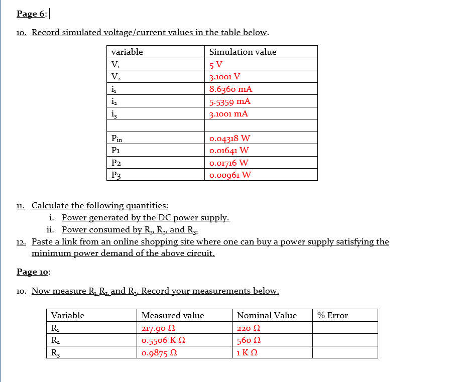 Solved 10. Record simulated voltage/current values in the | Chegg.com