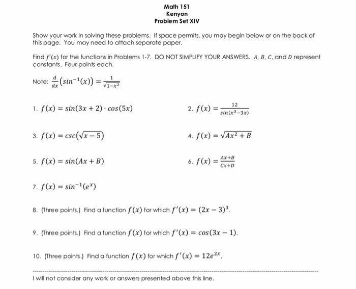Solved Math 151 Kenyon Problem Set XIV Show your work in | Chegg.com