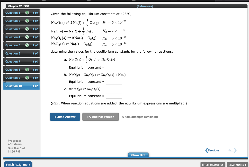 Solved Given the following equilibrium constants at 423∘C, | Chegg.com