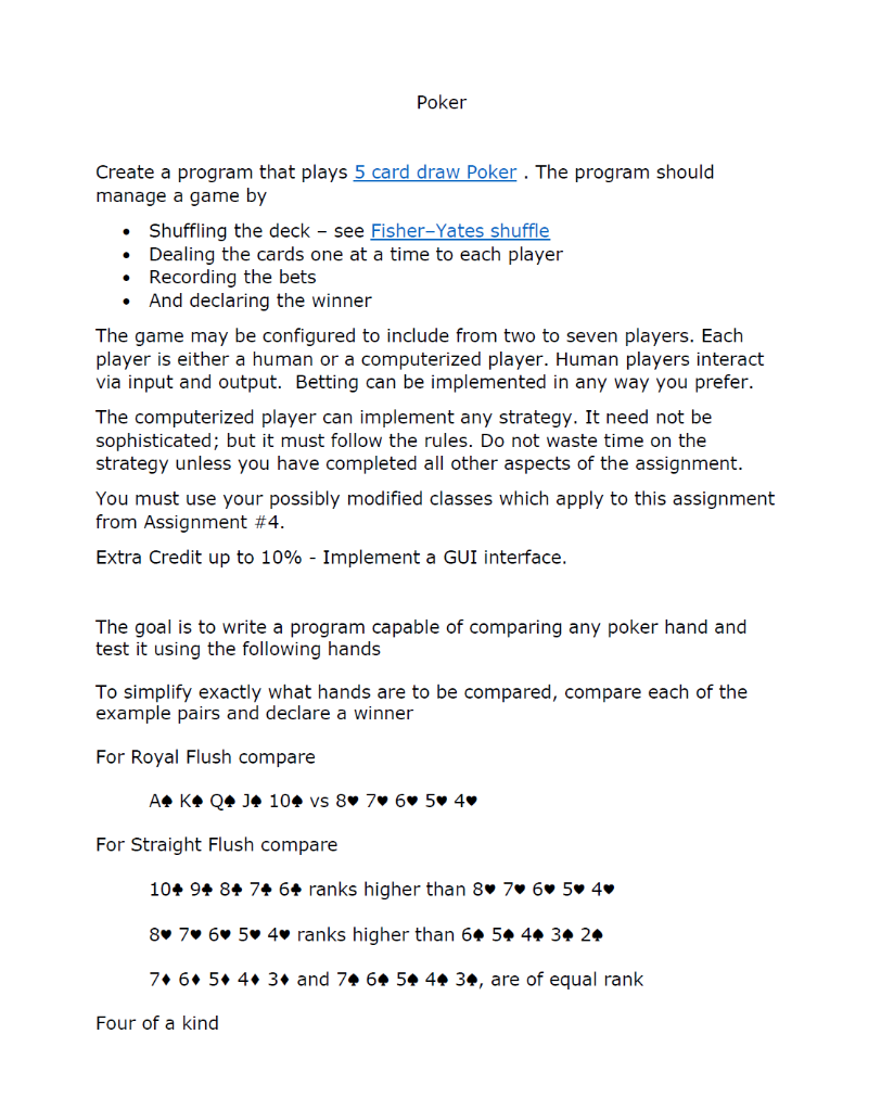 Solved Poker Create a program that plays 5 card draw Poker . | Chegg.com