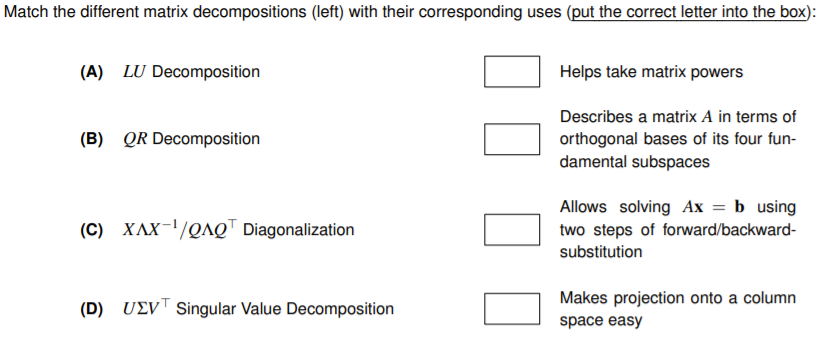 Solved Match the different matrix decompositions (left) with | Chegg.com