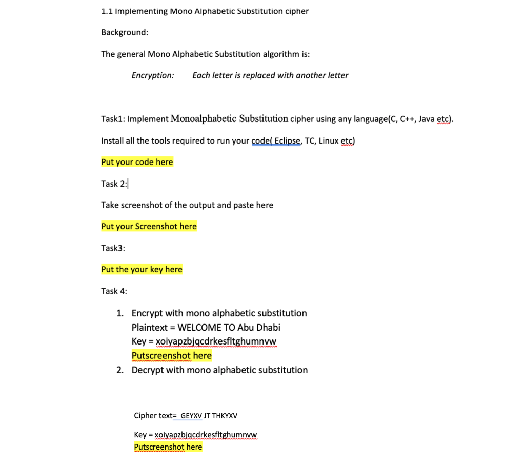 Solved 1.1 Implementing Mono Alphabetic Substitution cipher | Chegg.com
