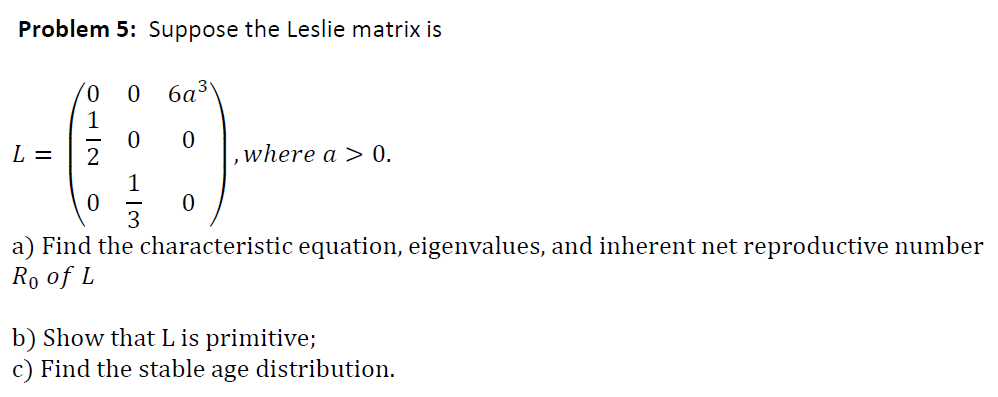 Solved Problem 5: Suppose the Leslie matrix is 0, 6a where a | Chegg.com