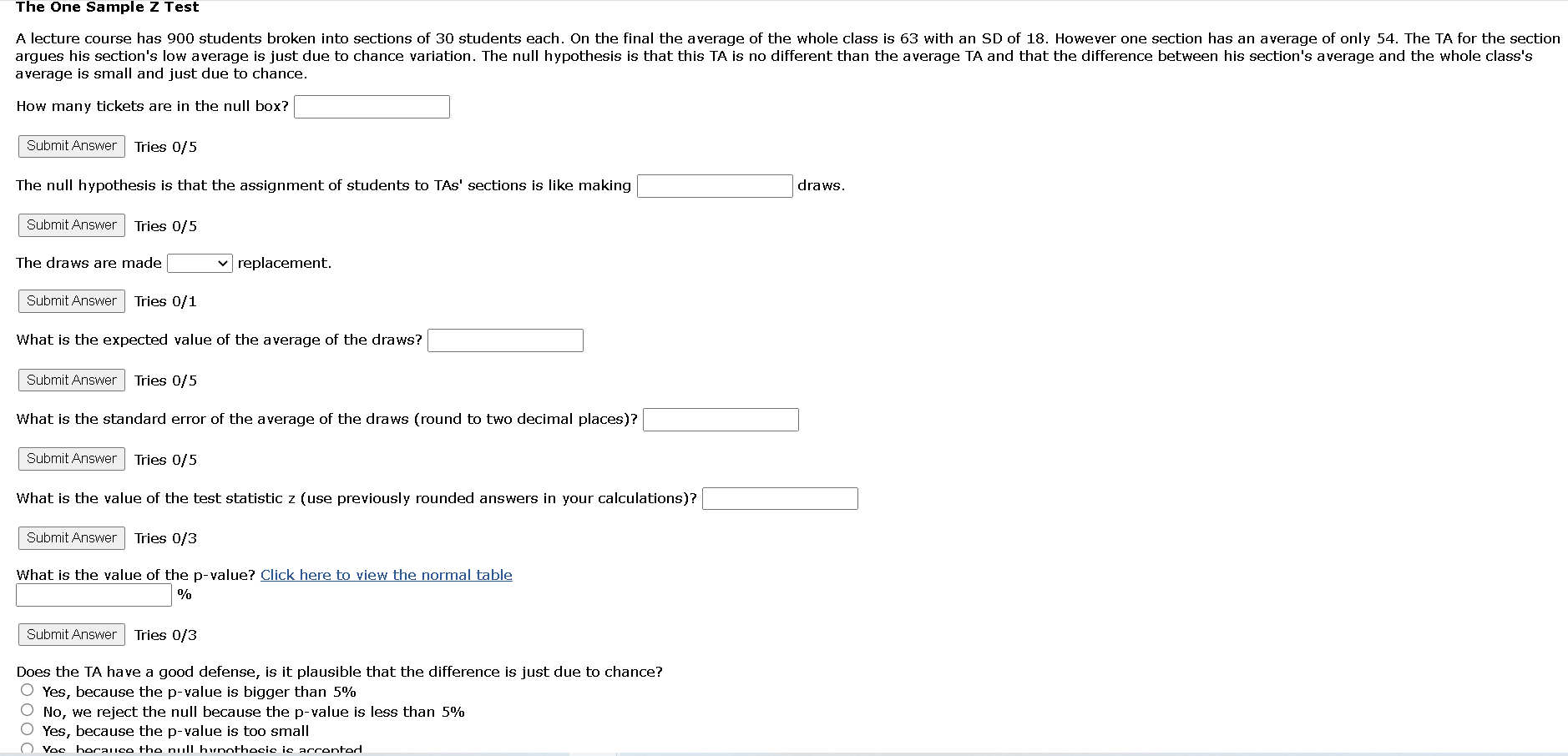 Solved The One Sample Z Test A lecture course has 900 | Chegg.com